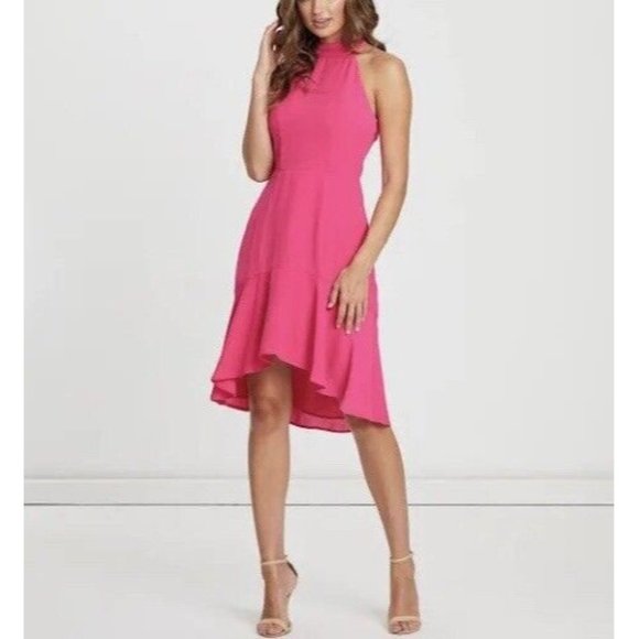 Tussah Dresses Tussah Cocktail Lined Dress Size 8 Pink Sleeveless Halter Neck Frilled Hem